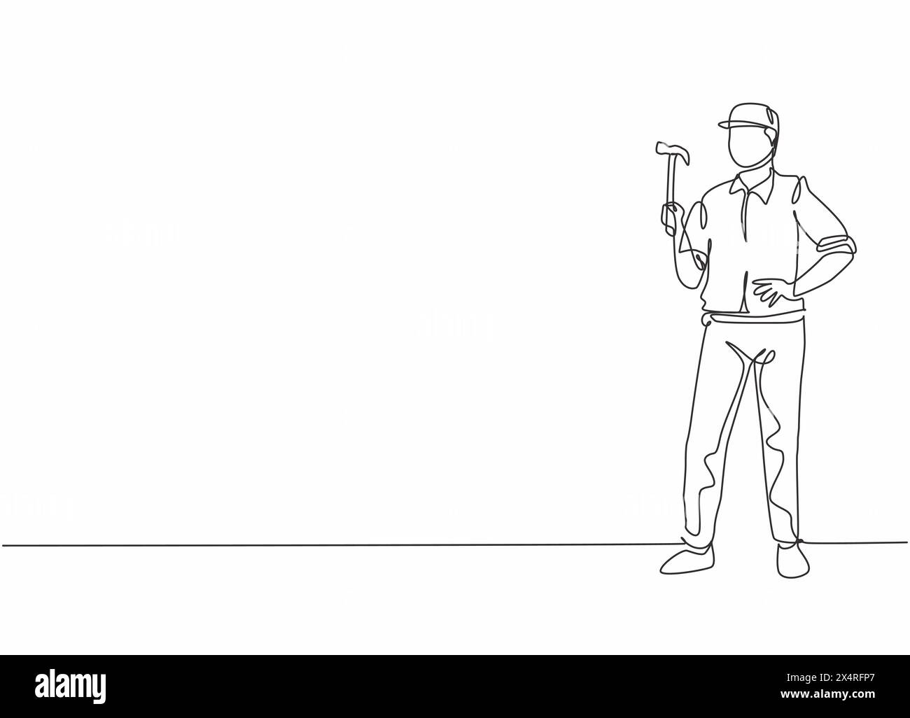 Continuous one line drawing of young handyman holding hammer ...