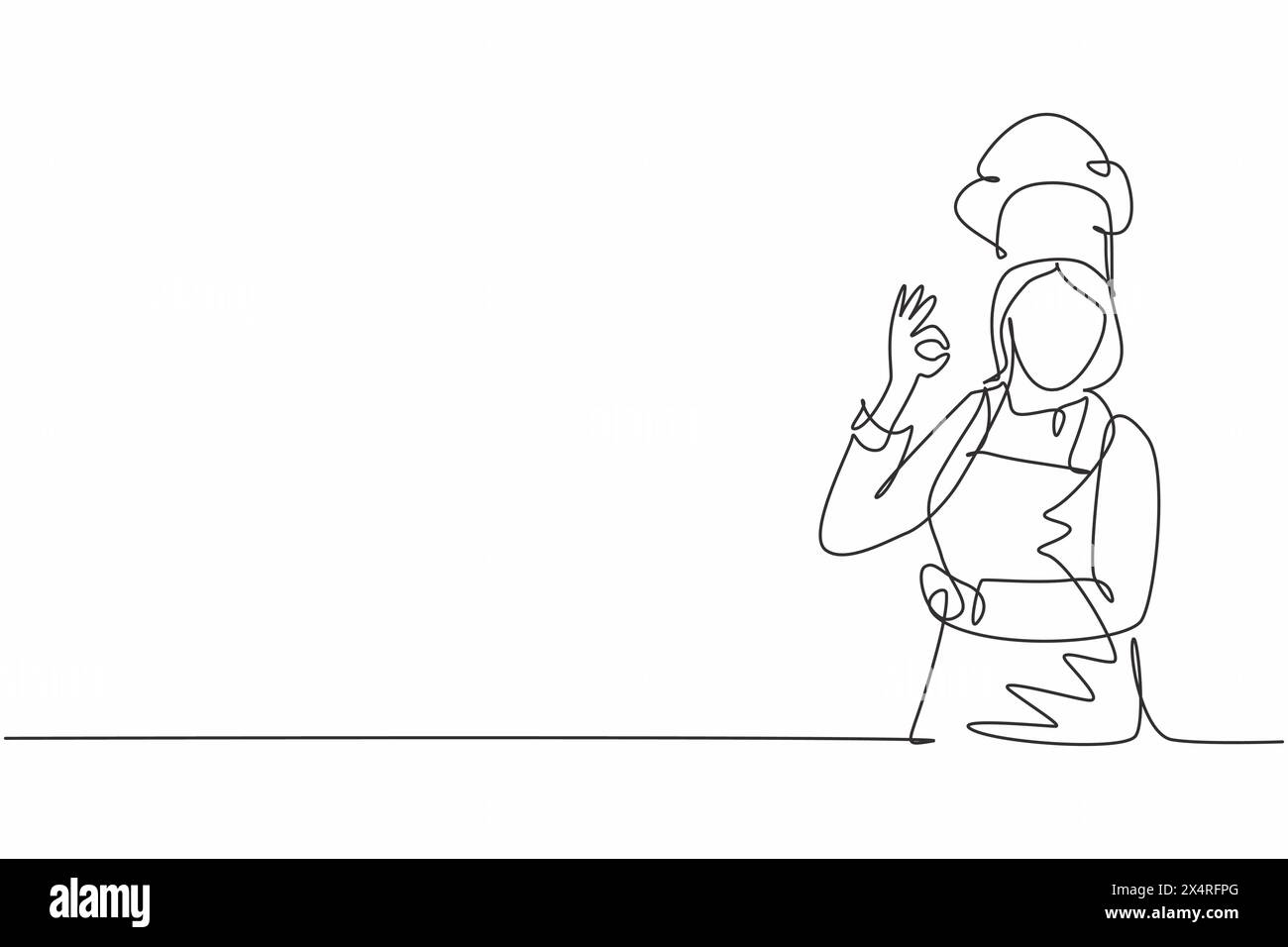 One continuous line drawing of young female chef pose casually while ...