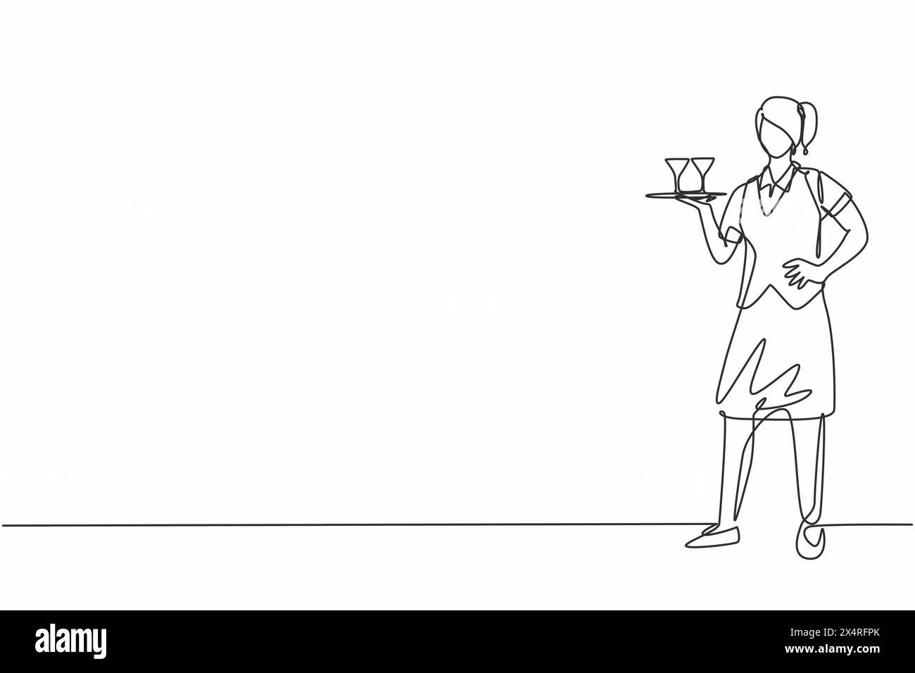 Continuous one line drawing of young beautiful female waitress holding ...