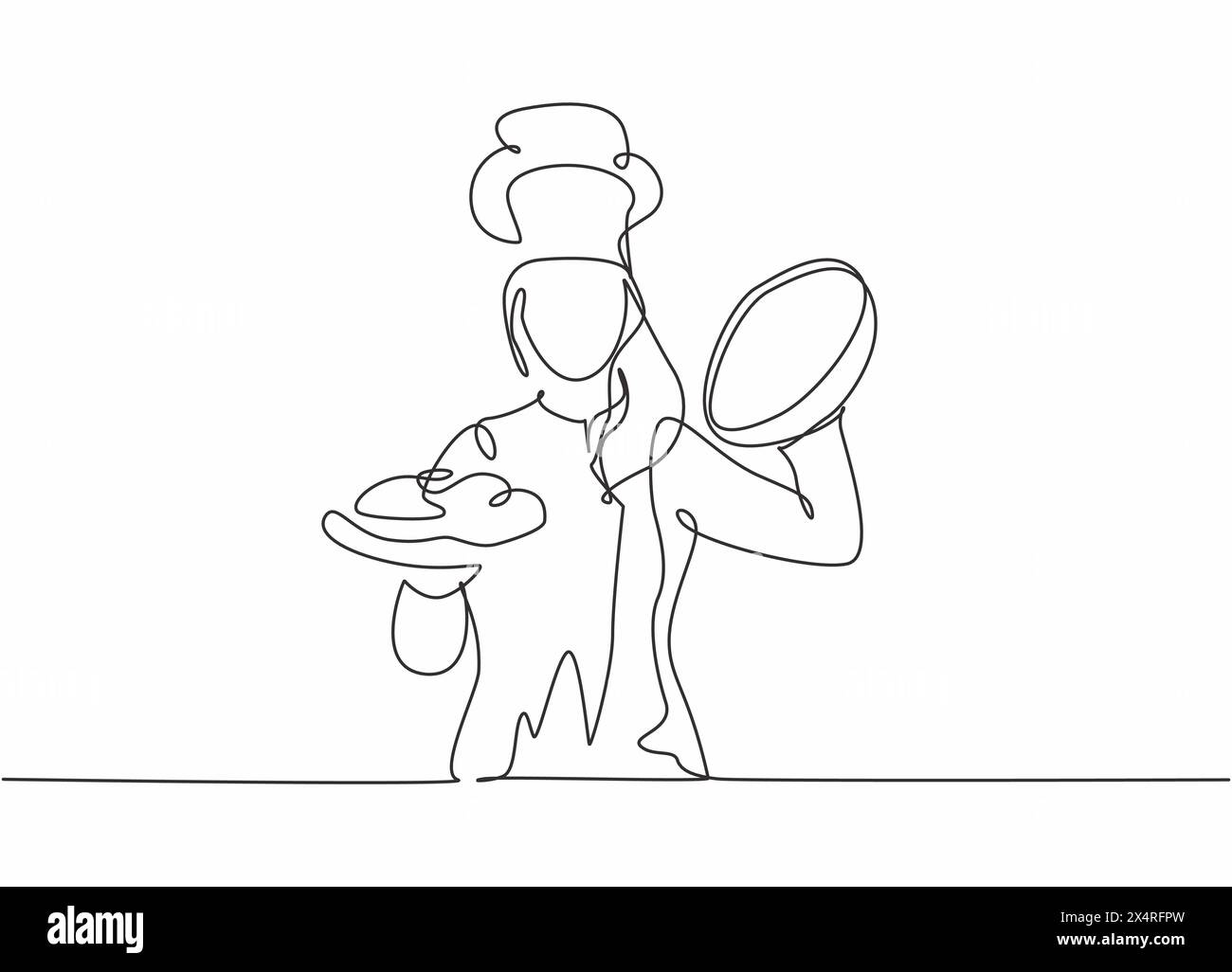 One continuous line drawing of young beauty female chef opening cloche ...