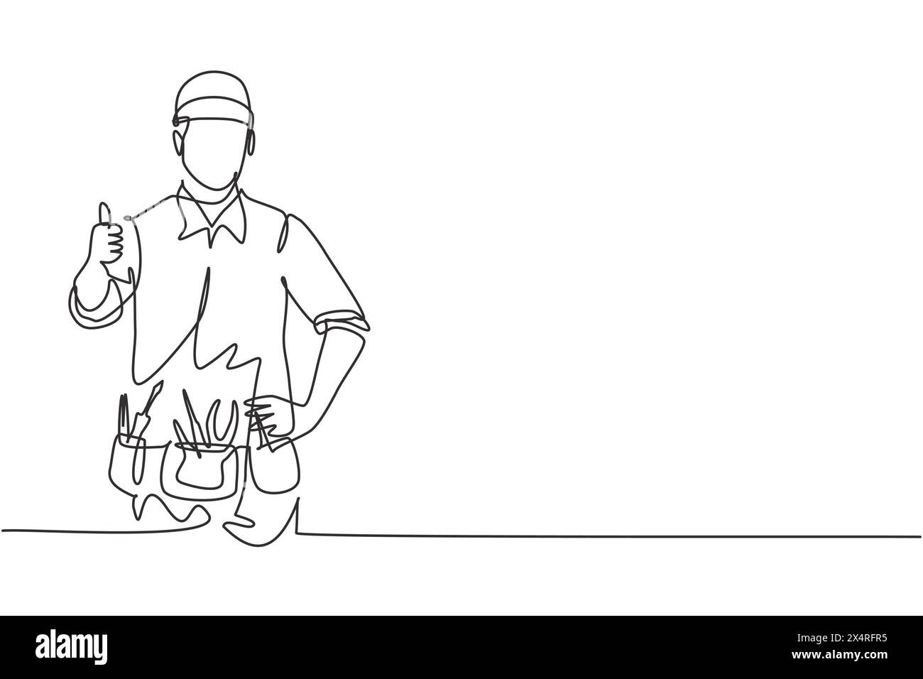 Single one line drawing of the handyman with the thumbs-up gesture is ...