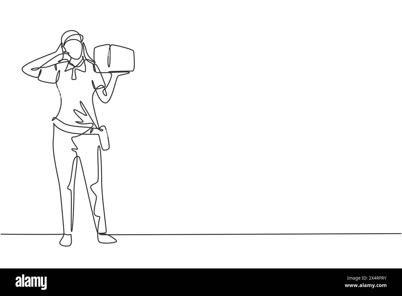 Single continuous line drawing deliverywoman stands with call me ...