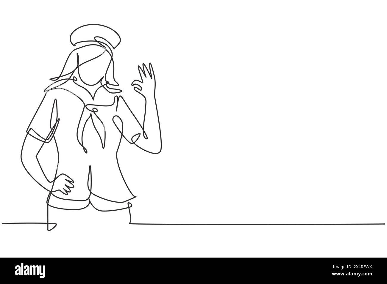 Single one line drawing sailor woman with gesture okay and scarf around ...