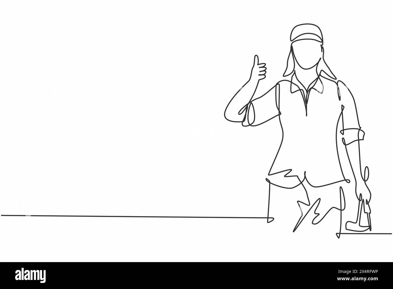 Single continuous line drawing carpenter woman with a thumbs-up gesture ...