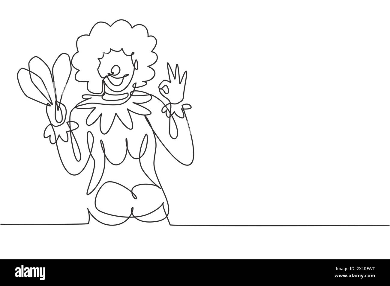 Continuous one line drawing female clown with gesture okay, wearing wig ...