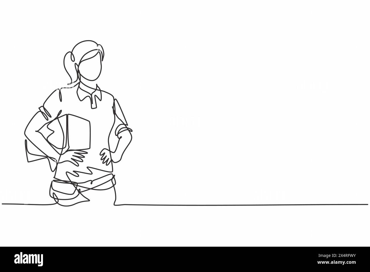 Single one line drawing of young delivery woman posing with hands hold ...