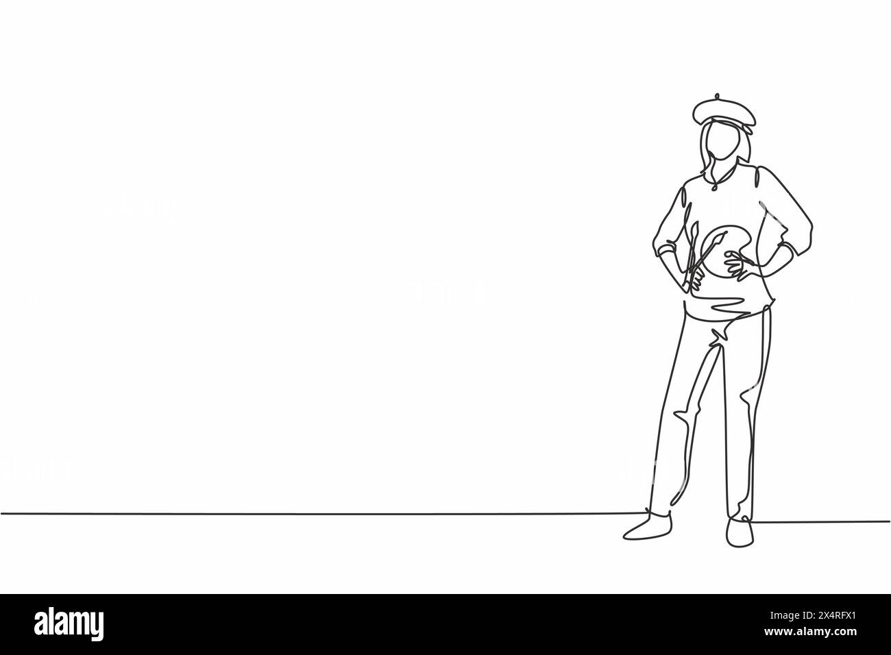 Single continuous line drawing of young female painter artist standing ...