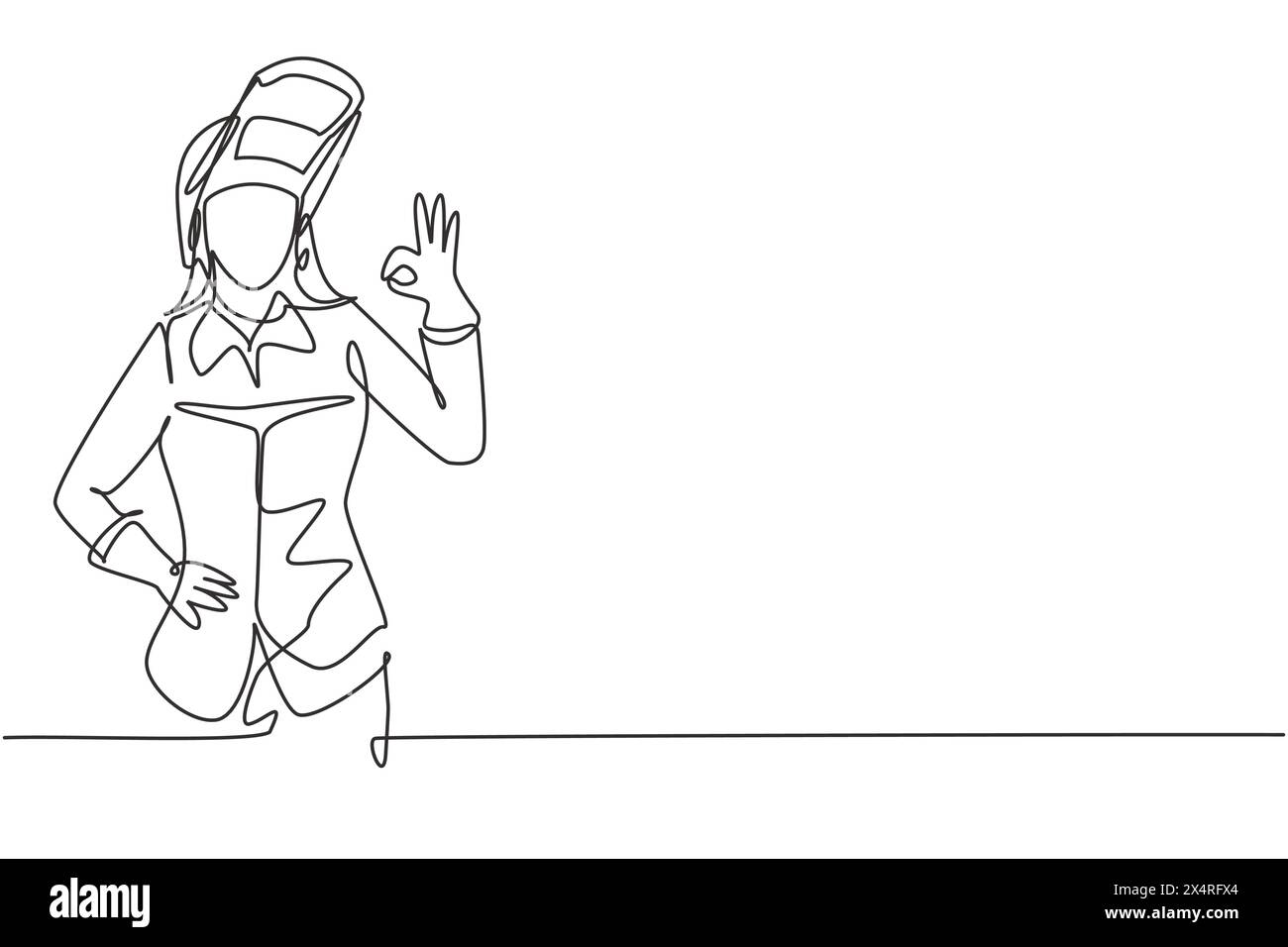 Continuous one line drawing female welder with gesture okay works in ...