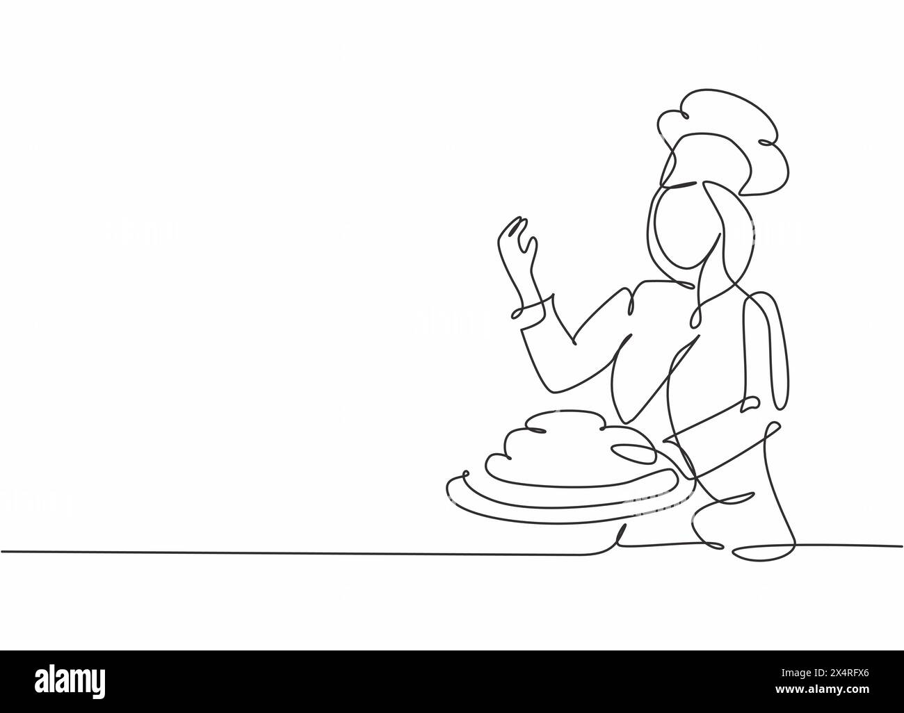 One continuous line drawing of young attractive female chef serving top ...