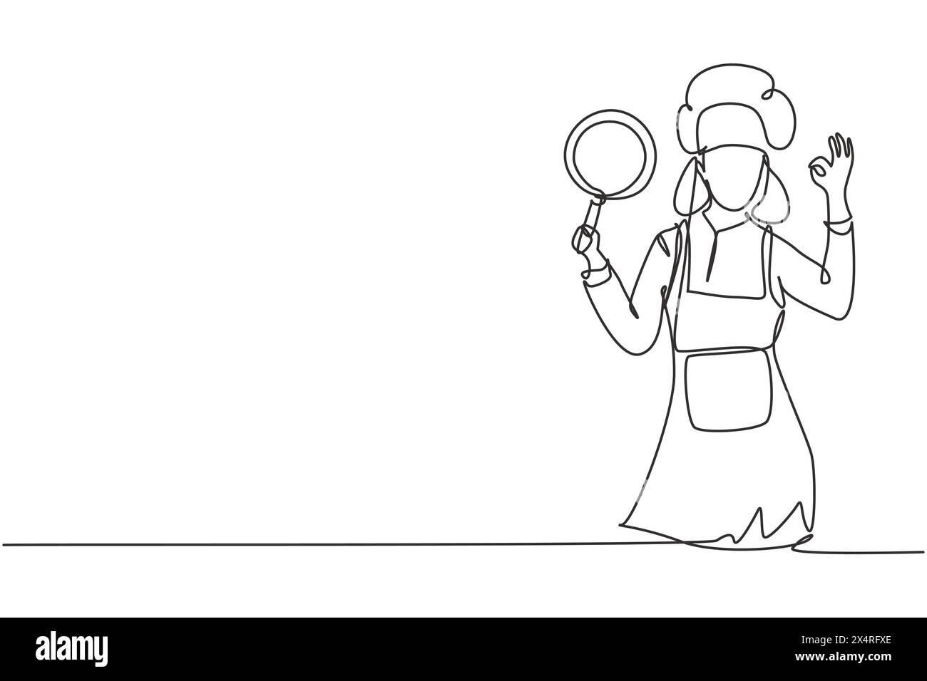 Continuous one line drawing female chef with gestures okay, holding pan ...