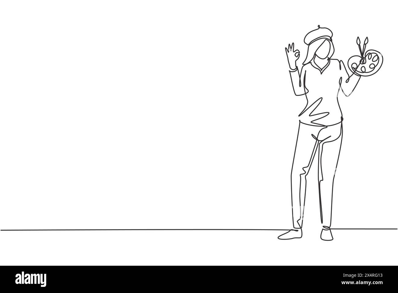 Single continuous line drawing female painter stands with gesture okay ...