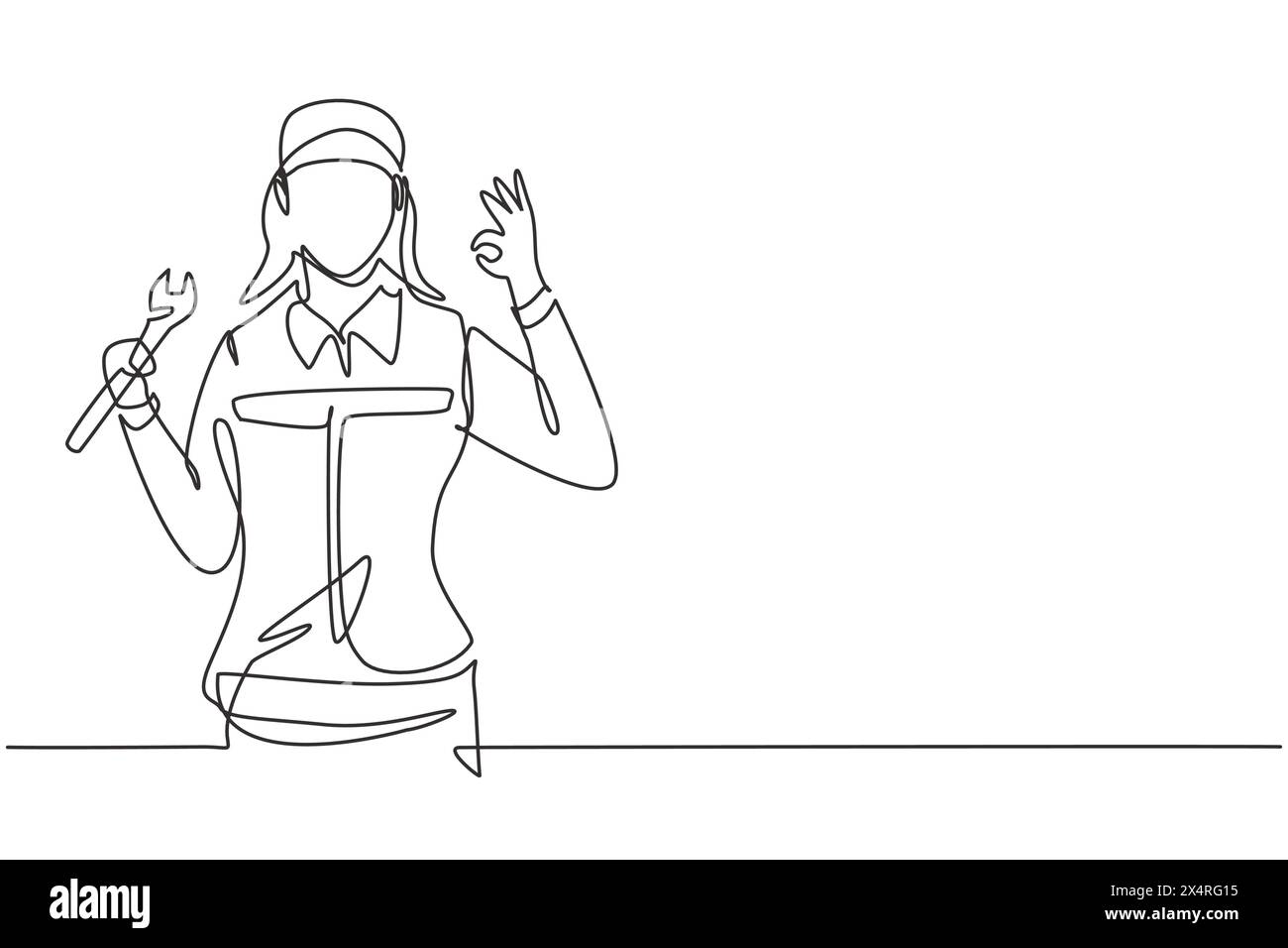 Continuous one line drawing female mechanic with gesture okay and ...
