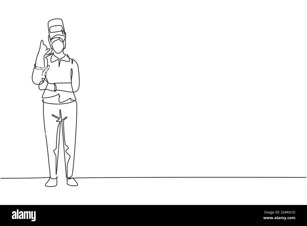 Single continuous line drawing female welder stands with call me ...