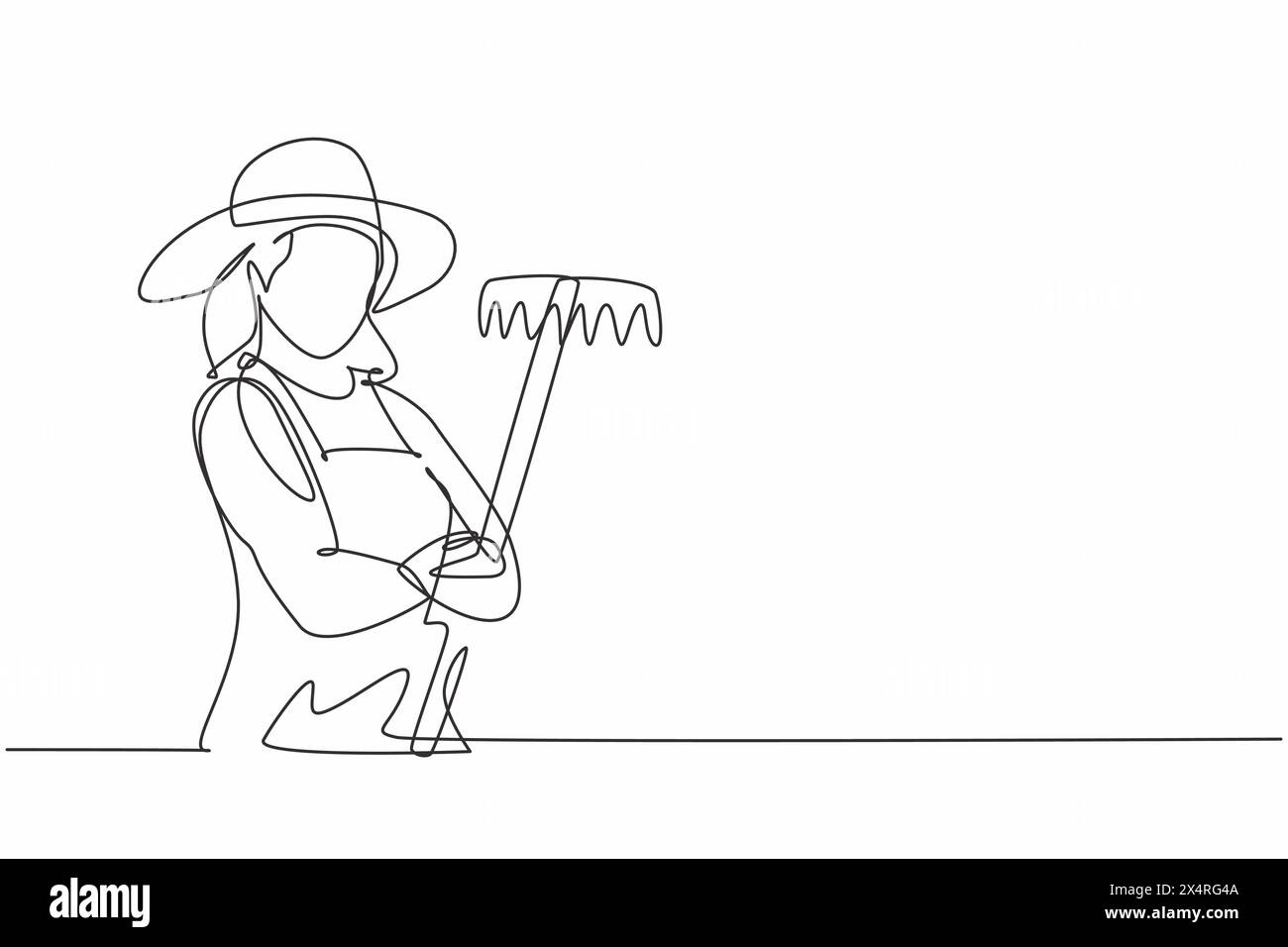 Single one line drawing of young female farmer pose cross arm while ...