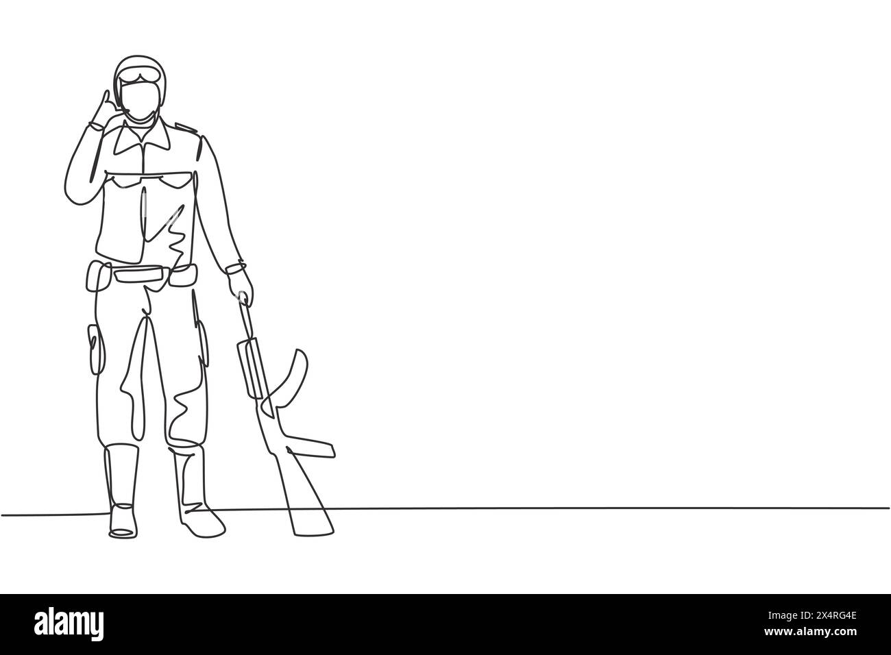 Single continuous line drawing soldier stands with weapon, uniform, and ...