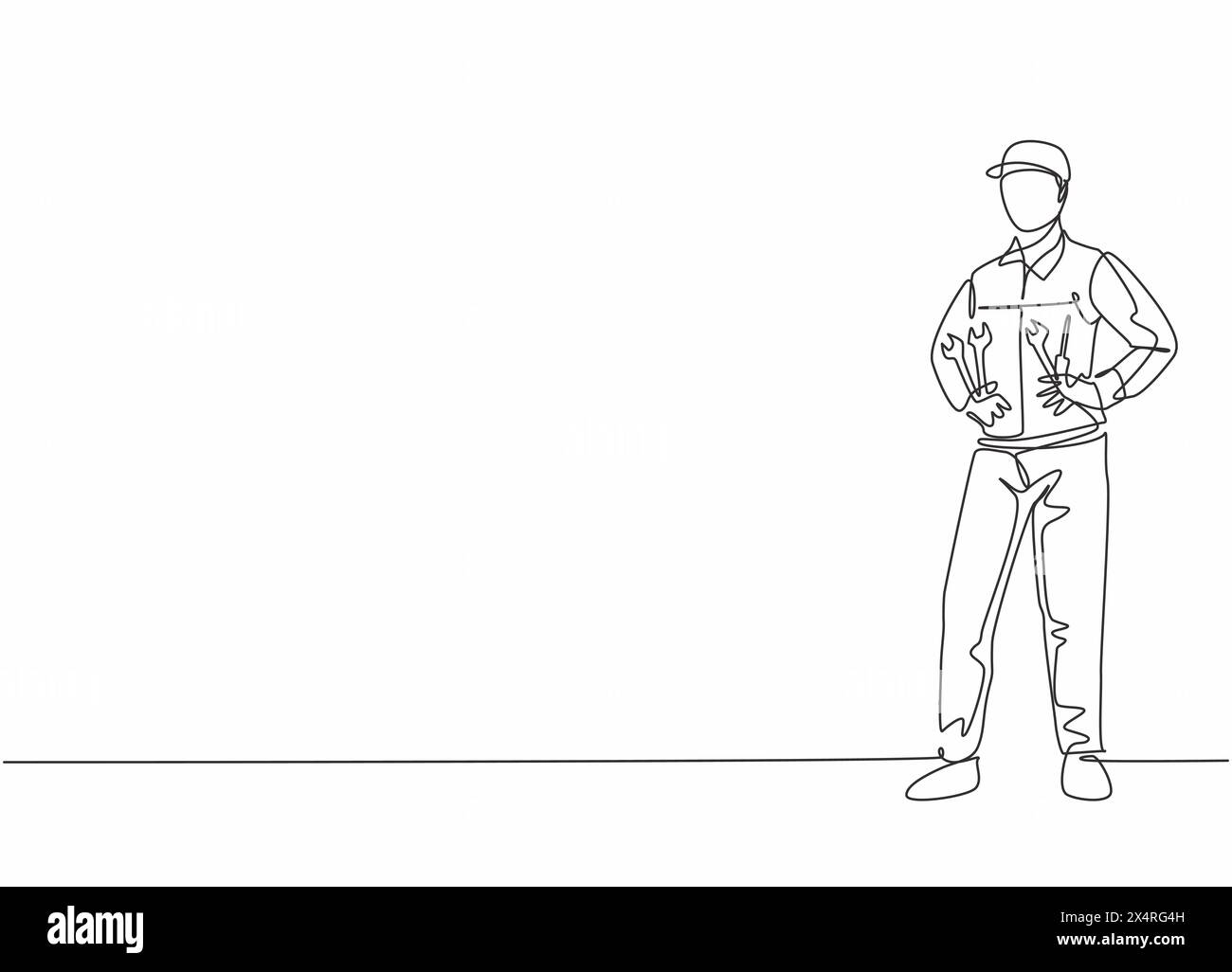 Single one line drawing of young male mechanic pose standing on ...