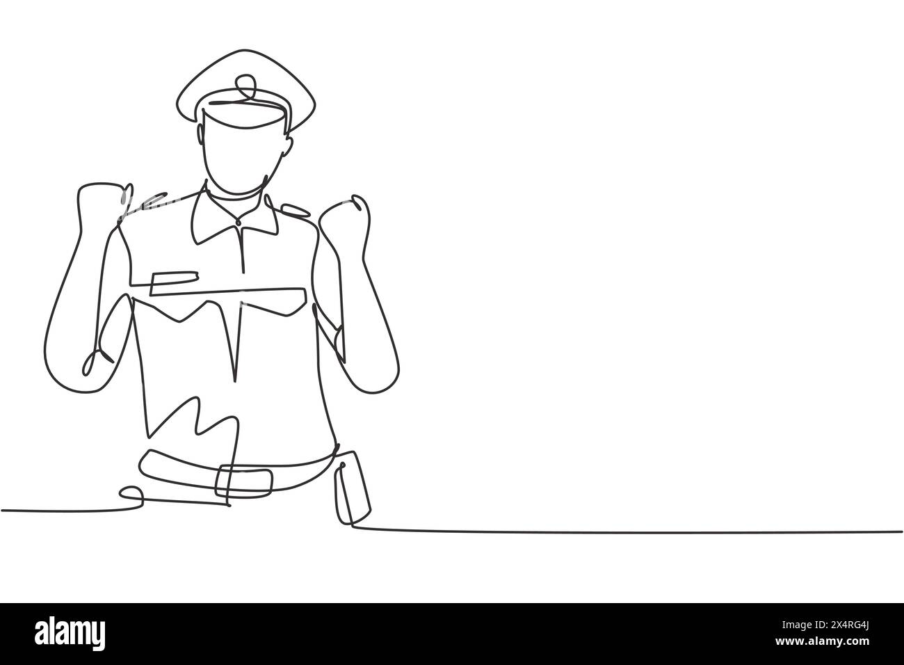 Continuous one line drawing policeman with celebrate gesture and full ...