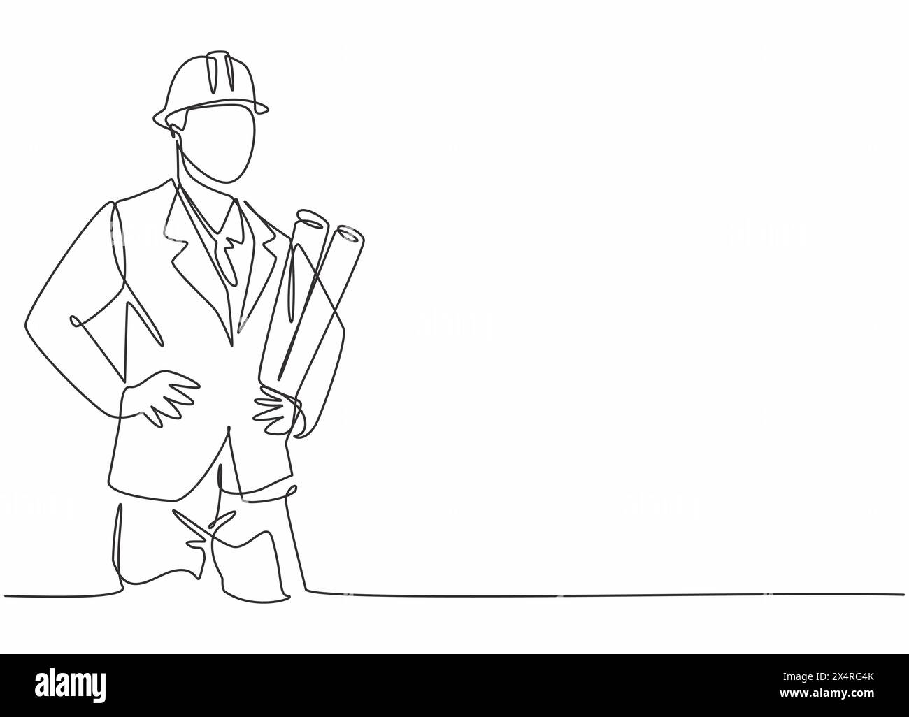 Single one line drawing of young male architect holding blueprint paper ...