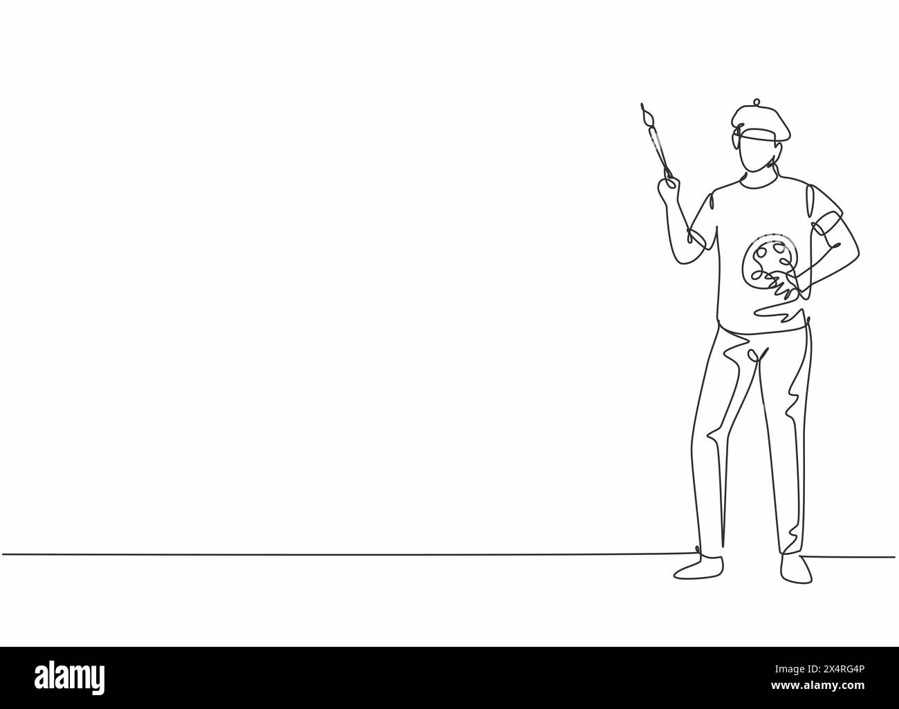 Single one line drawing of young painter man pose standing and holding ...