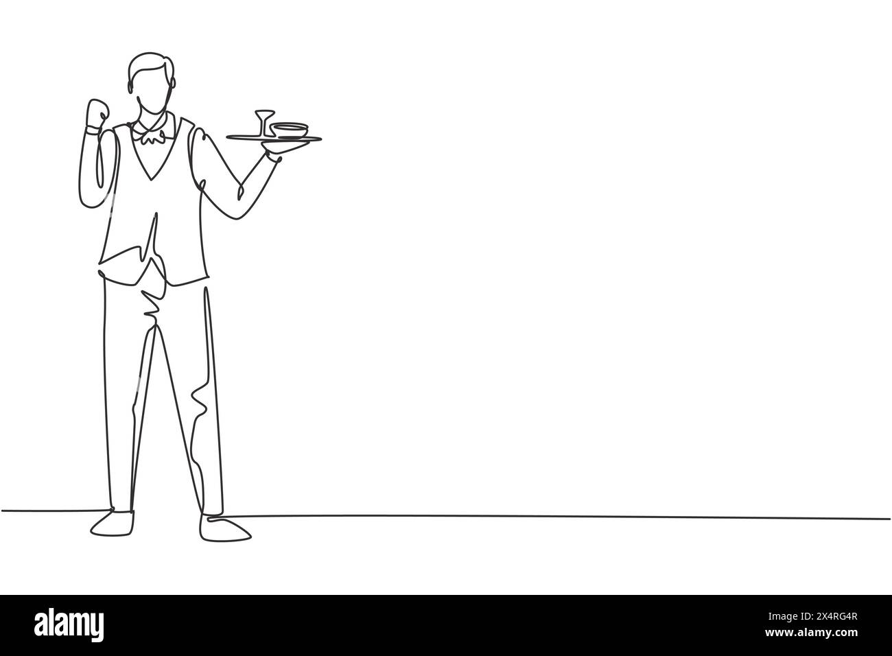 Continuous one line drawing waiter stood up with celebrate gesture and ...