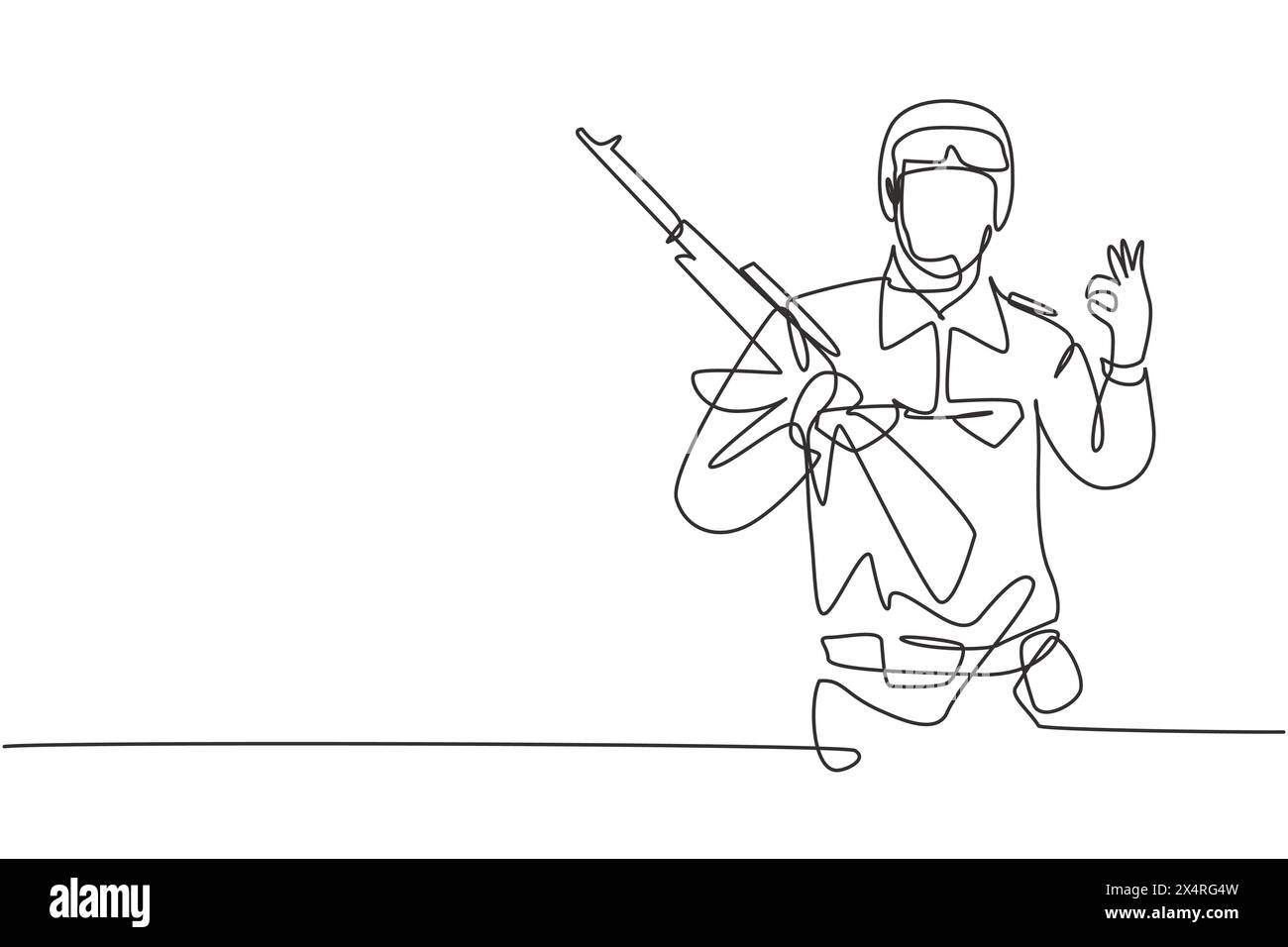 Single continuous line drawing soldier with weapon, full uniform ...