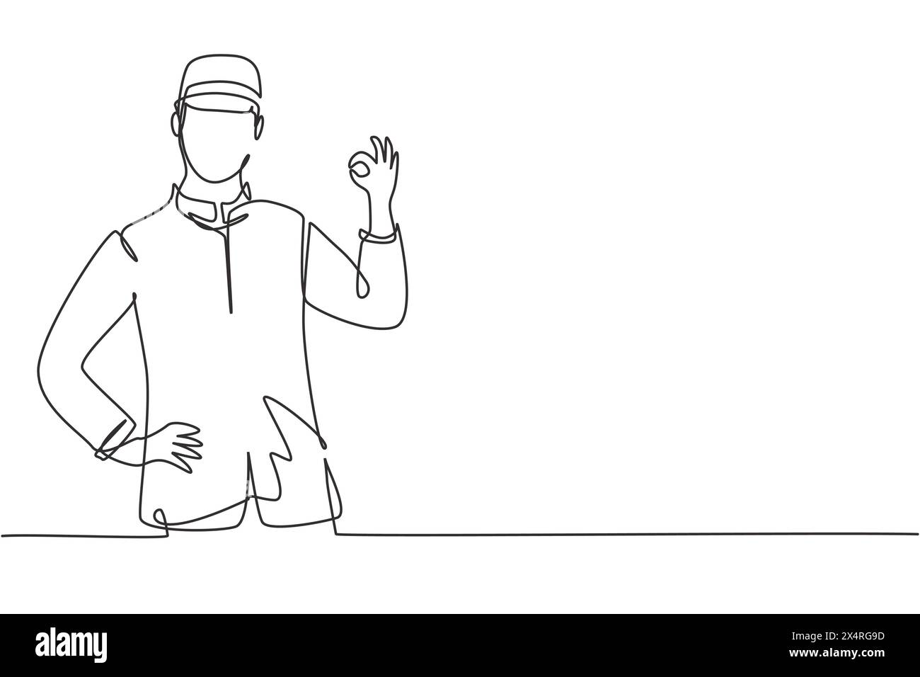 Single continuous line drawing hotel doorman in neat uniform with ...