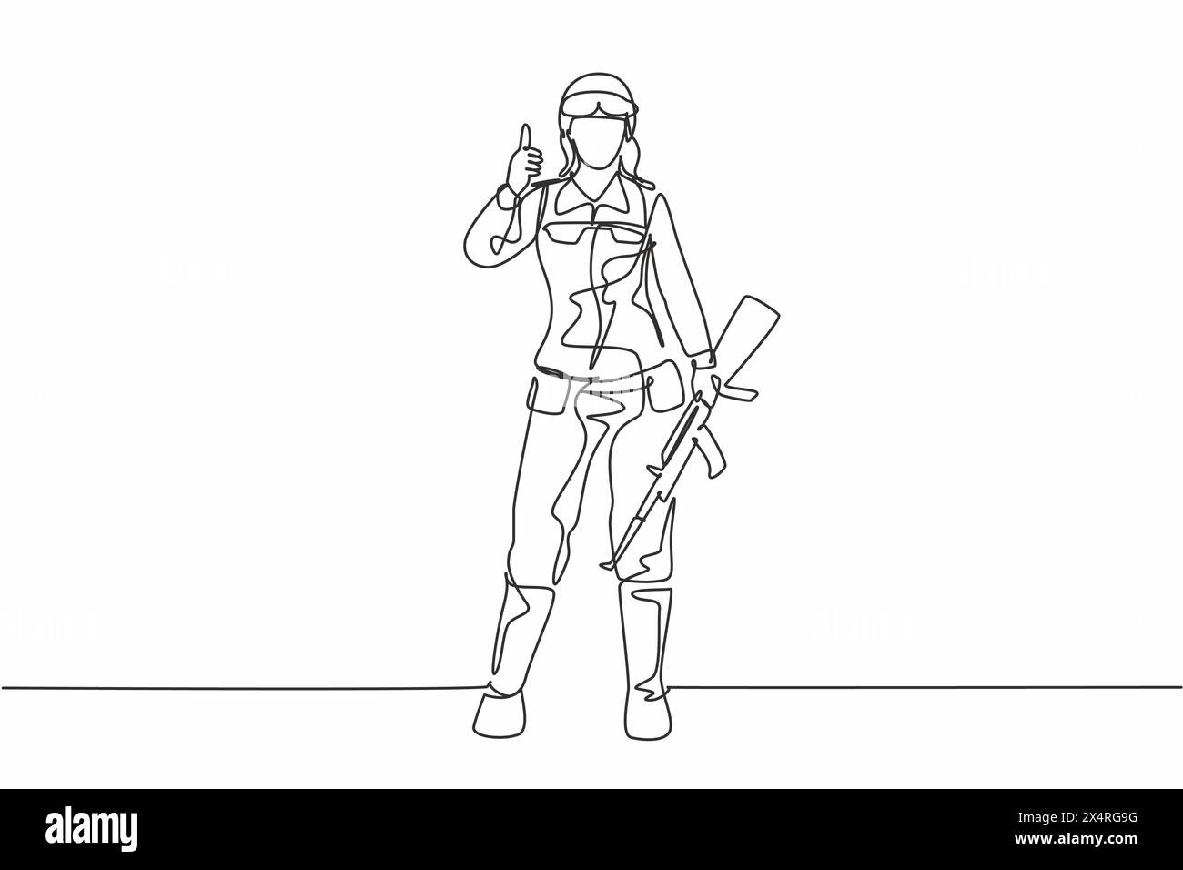Single continuous line drawing woman soldiers stand with weapons ...