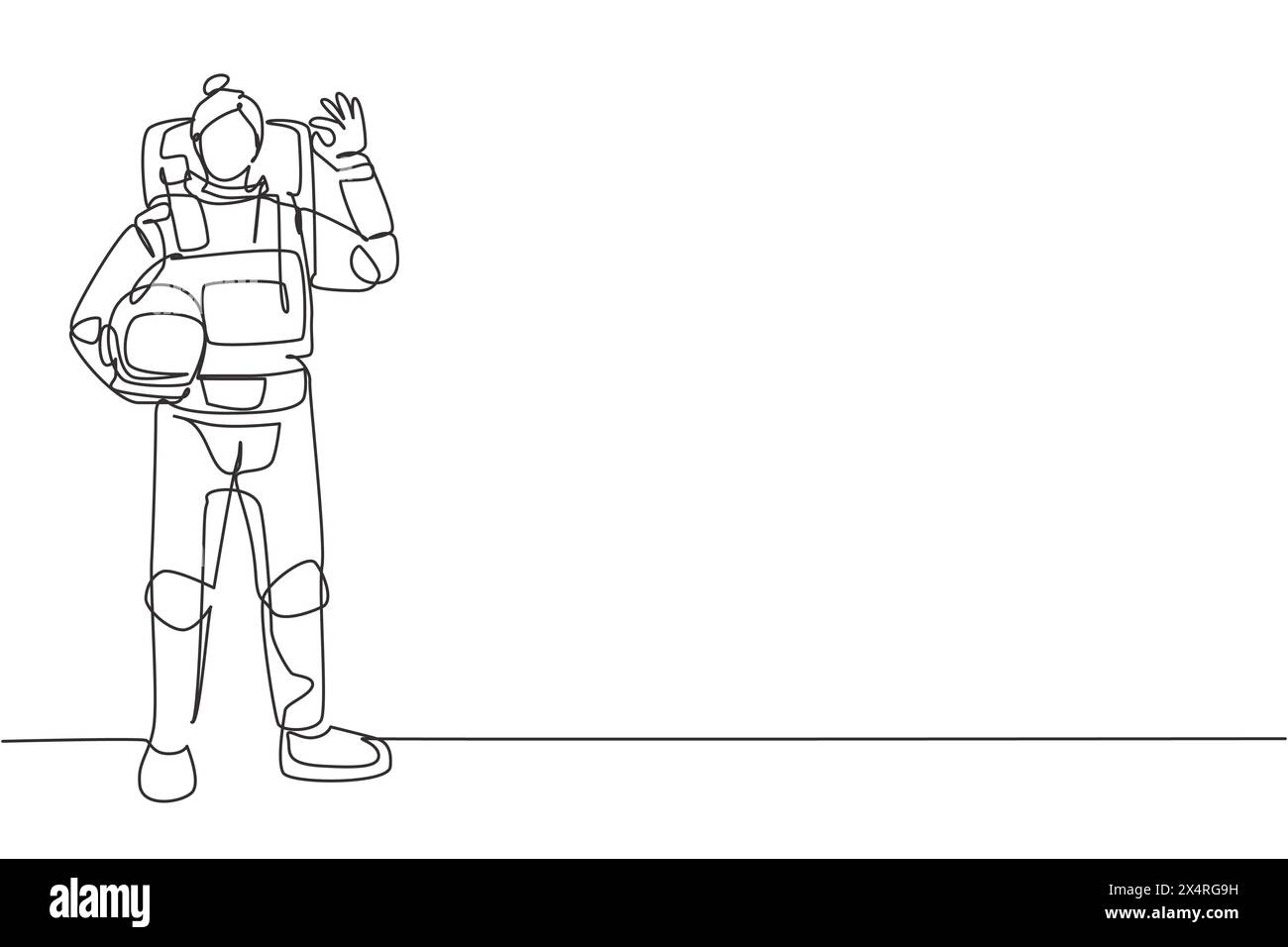 Single continuous line drawing female astronaut stands with gesture ...