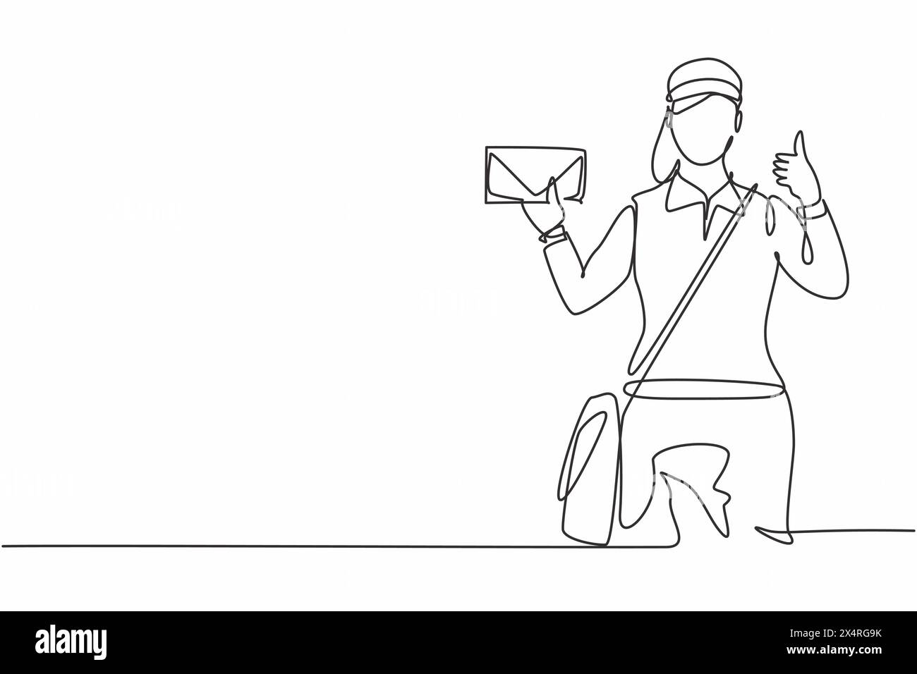 Continuous one line drawing postwoman wearing a hat and uniform with a ...