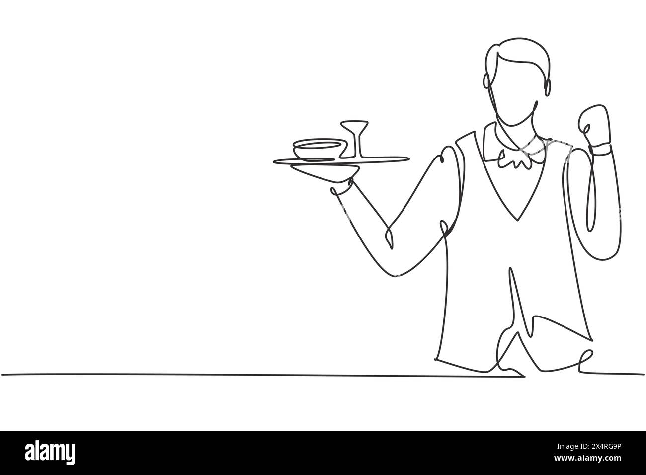 Single continuous line drawing waiter with celebrate gesture and ...