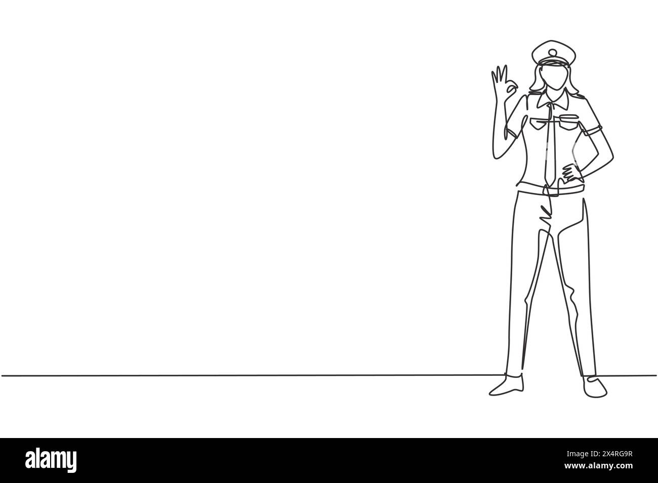 Single one line drawing of female pilot stands with gesture okay and ...