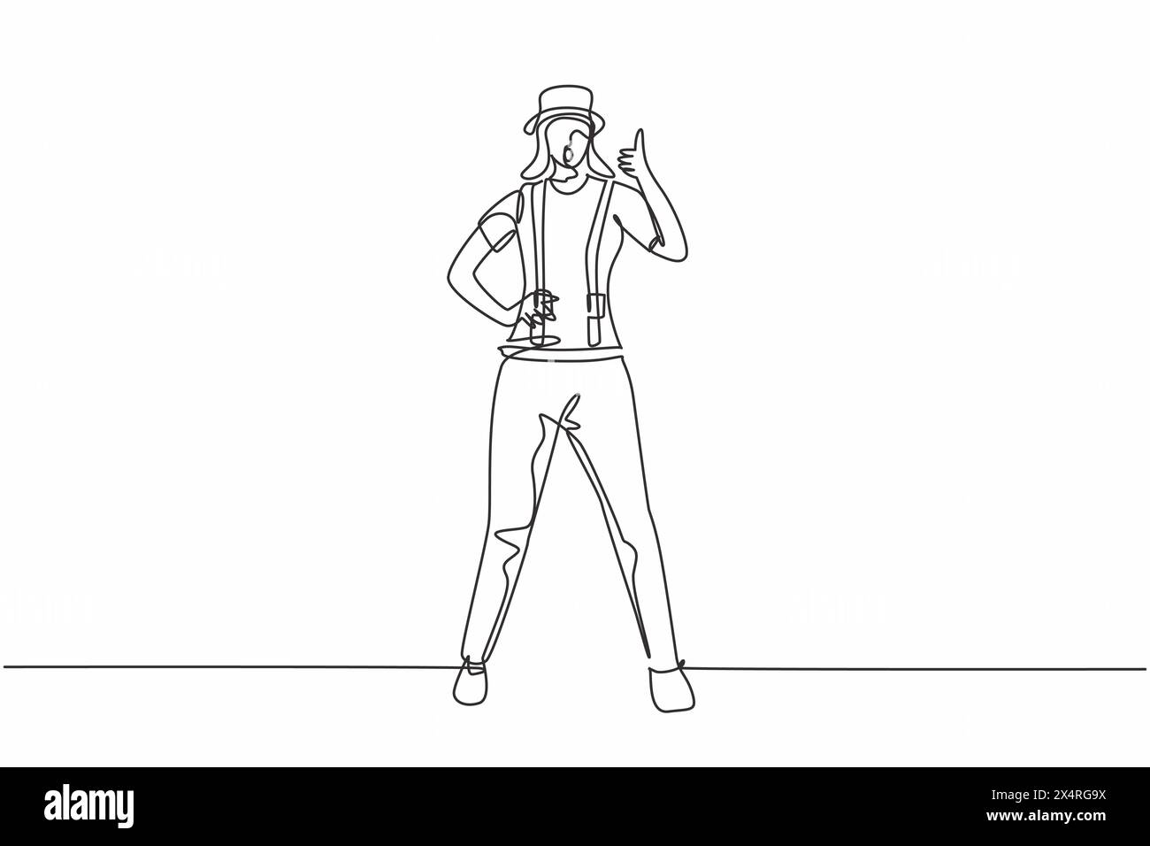 Continuous one line drawing female mime artist stands with a thumbs-up ...