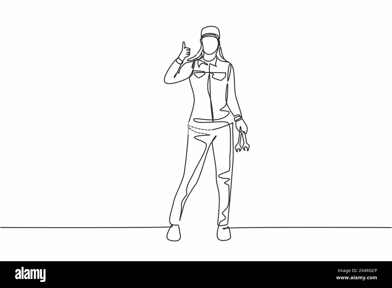 Single continuous line drawing female mechanic stands up with a thumbs ...