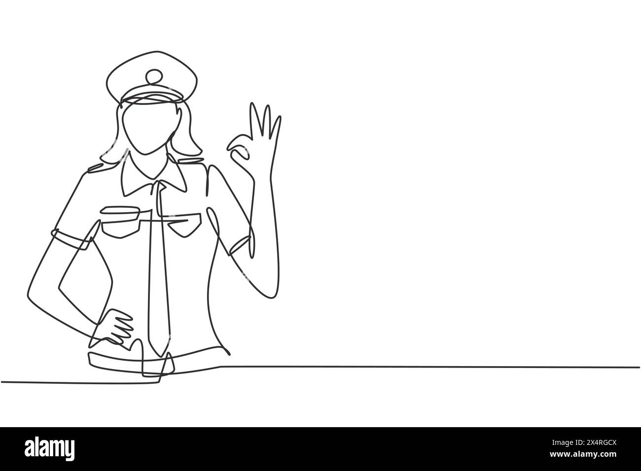 Single continuous line drawing female pilot with gesture okay and ...