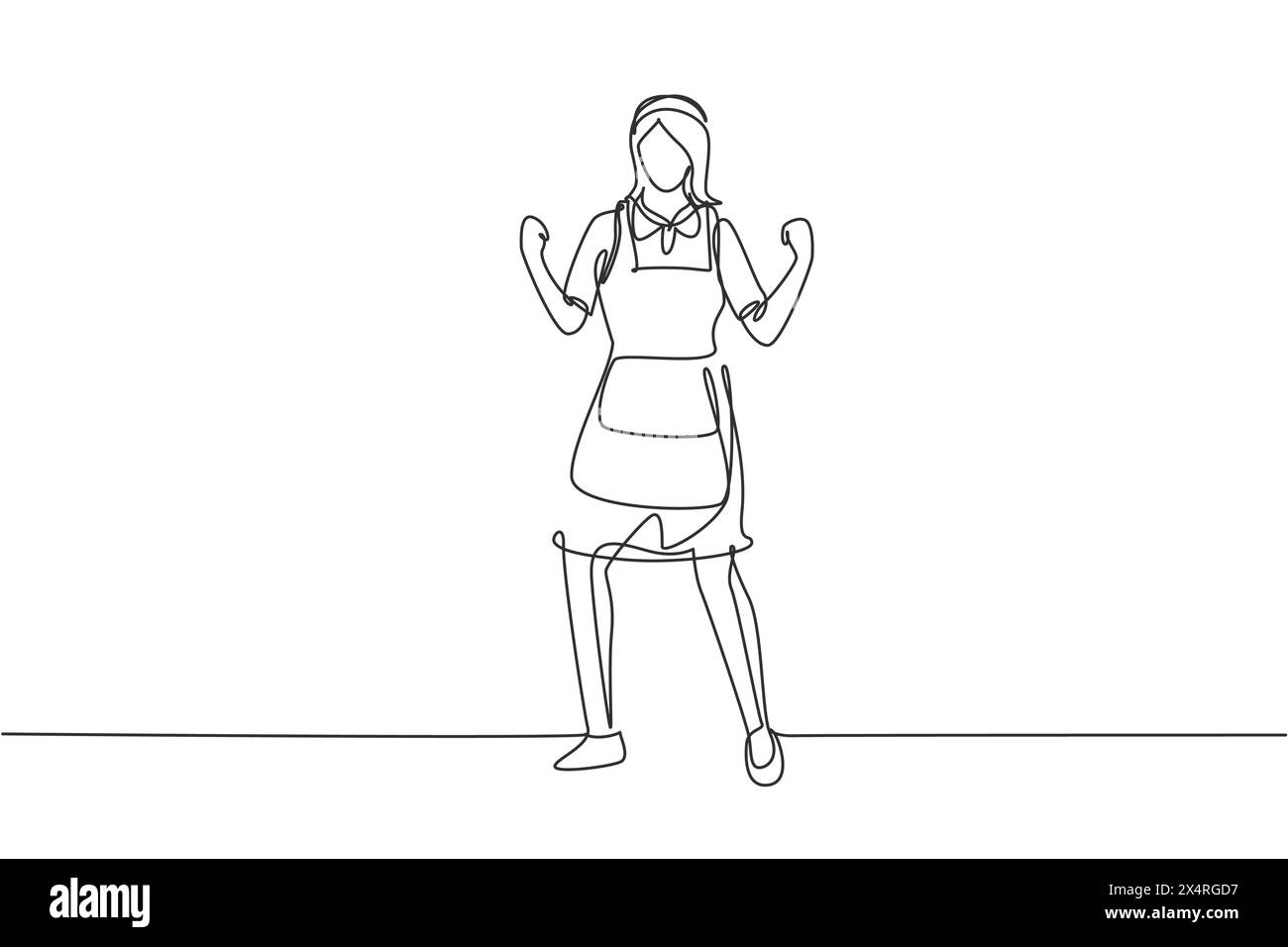 Single one line drawing maid in hotel stood with celebrate gesture and ...