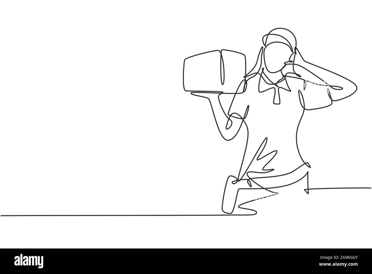 Single continuous line drawing deliverywoman with call me gesture ...