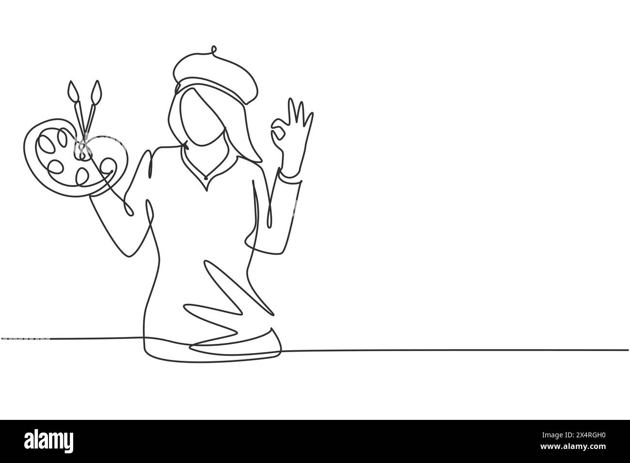 Single one line drawing female artist painter with gesture okay using ...