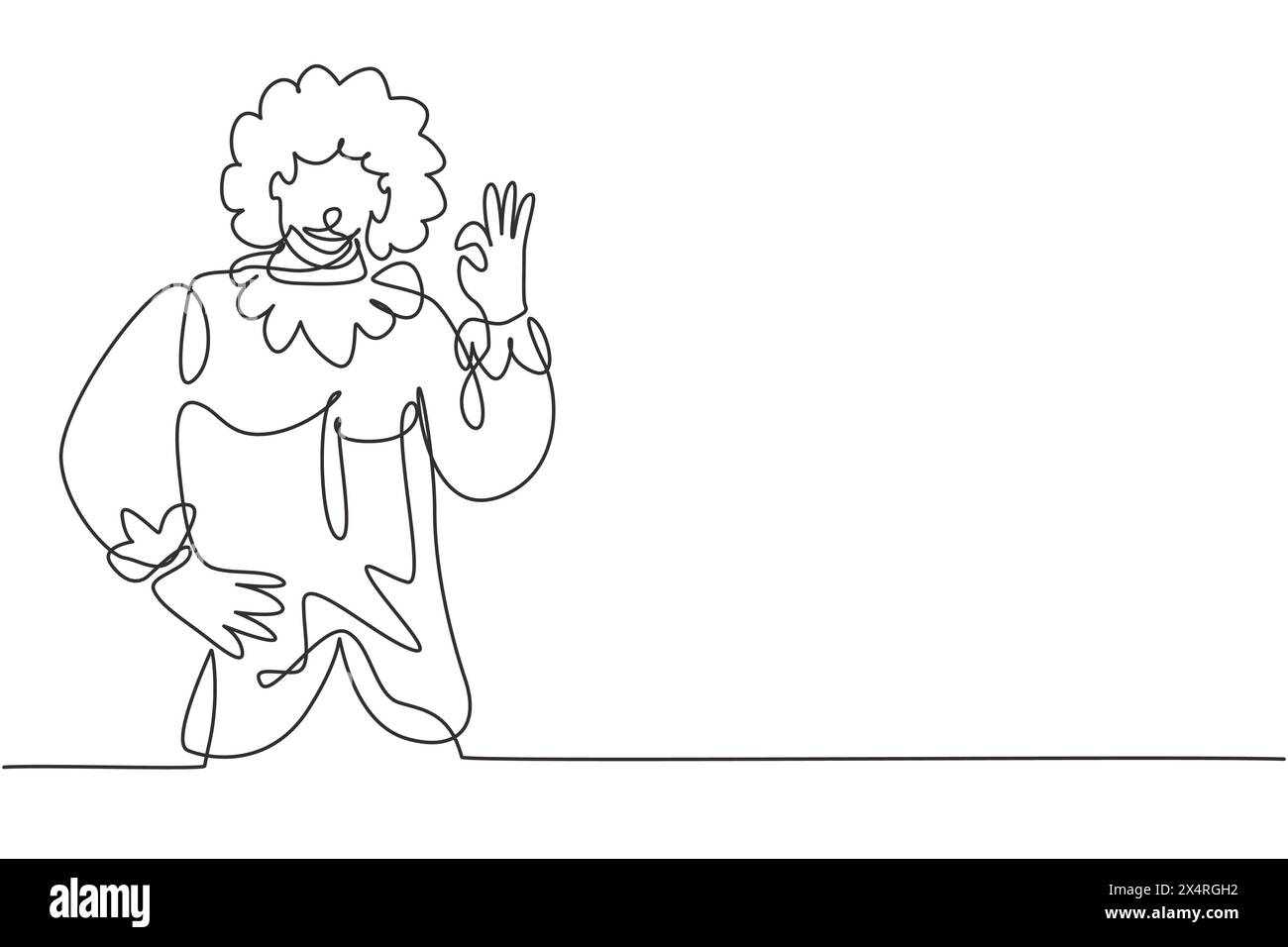Single one line drawing clown with gesture okay, wearing wig and ...