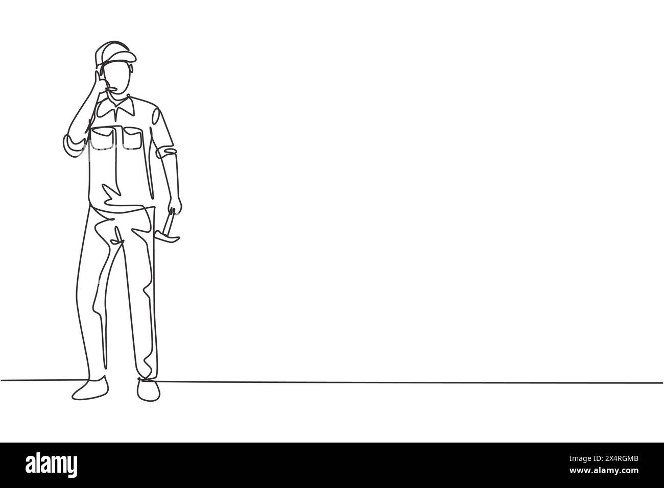 Single continuous line drawing carpenter standing with call me gesture ...