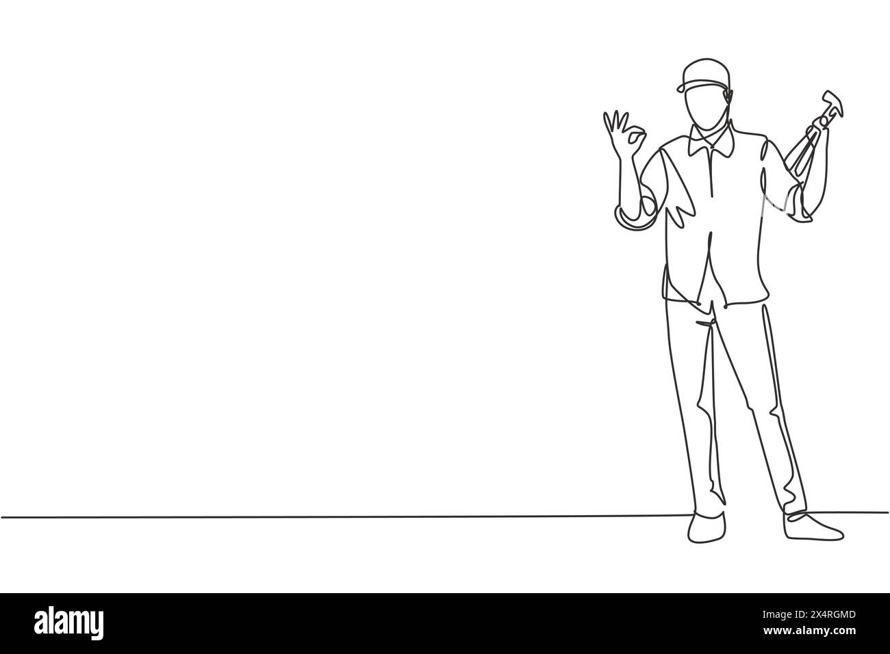 Single one line drawing of carpenter standing with gesture okay works ...