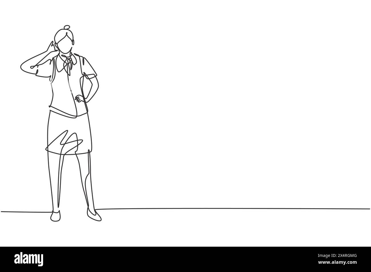 Single continuous line drawing flight attendant stands with call me ...