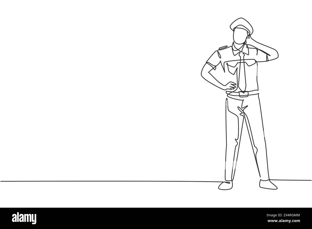 Single continuous line drawing pilot stands with call me gesture and ...