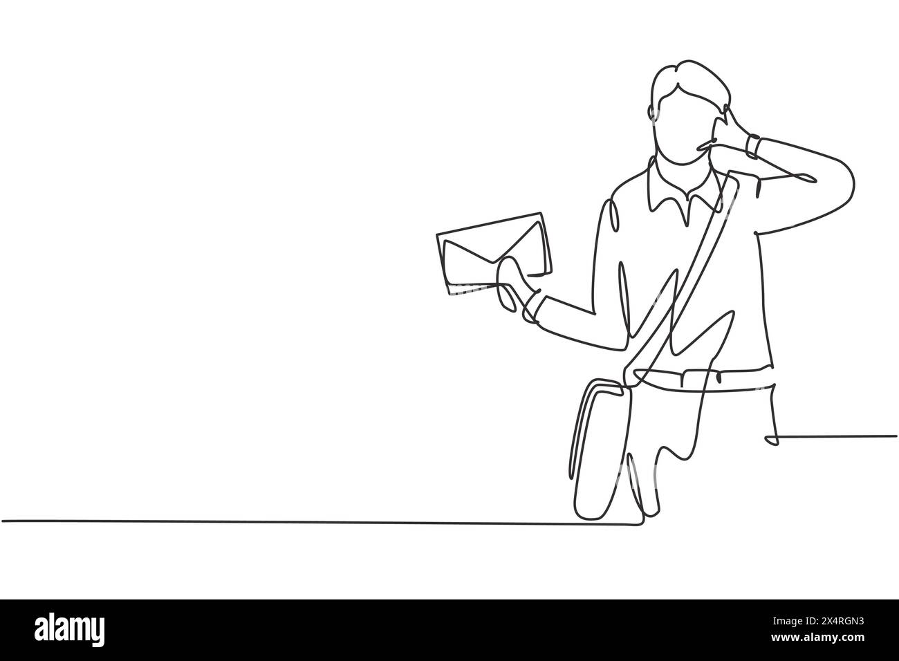 Single continuous line drawing postman wearing hat, sling bag, and ...