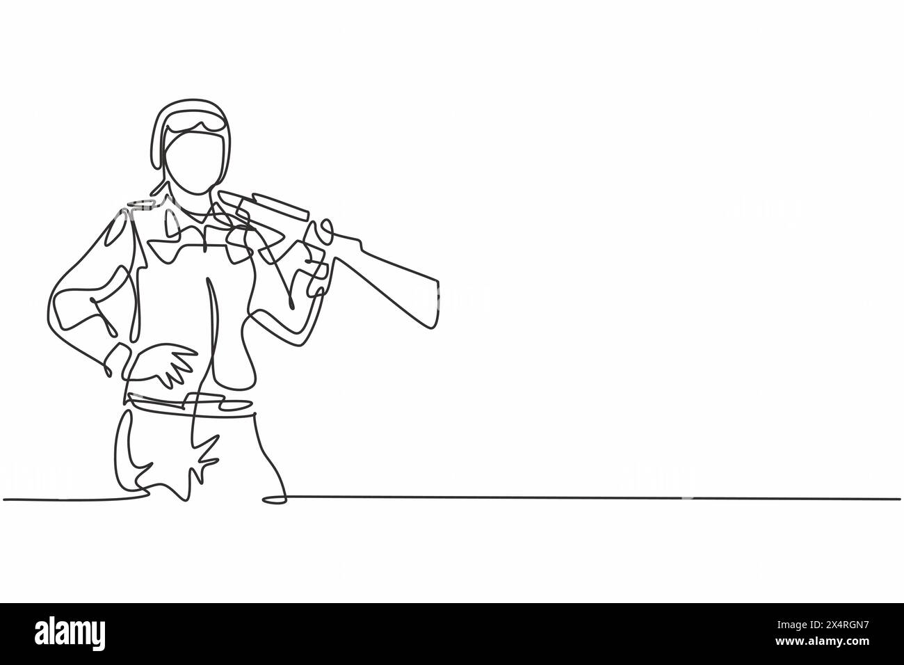 Single one line drawing of young brave female soldier posing with hands ...
