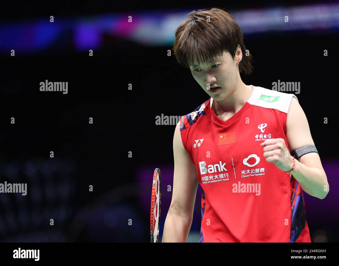 Chengdu, China's Sichuan Province. 5th May, 2024. Chen Yufei of China reacts in the singles ...