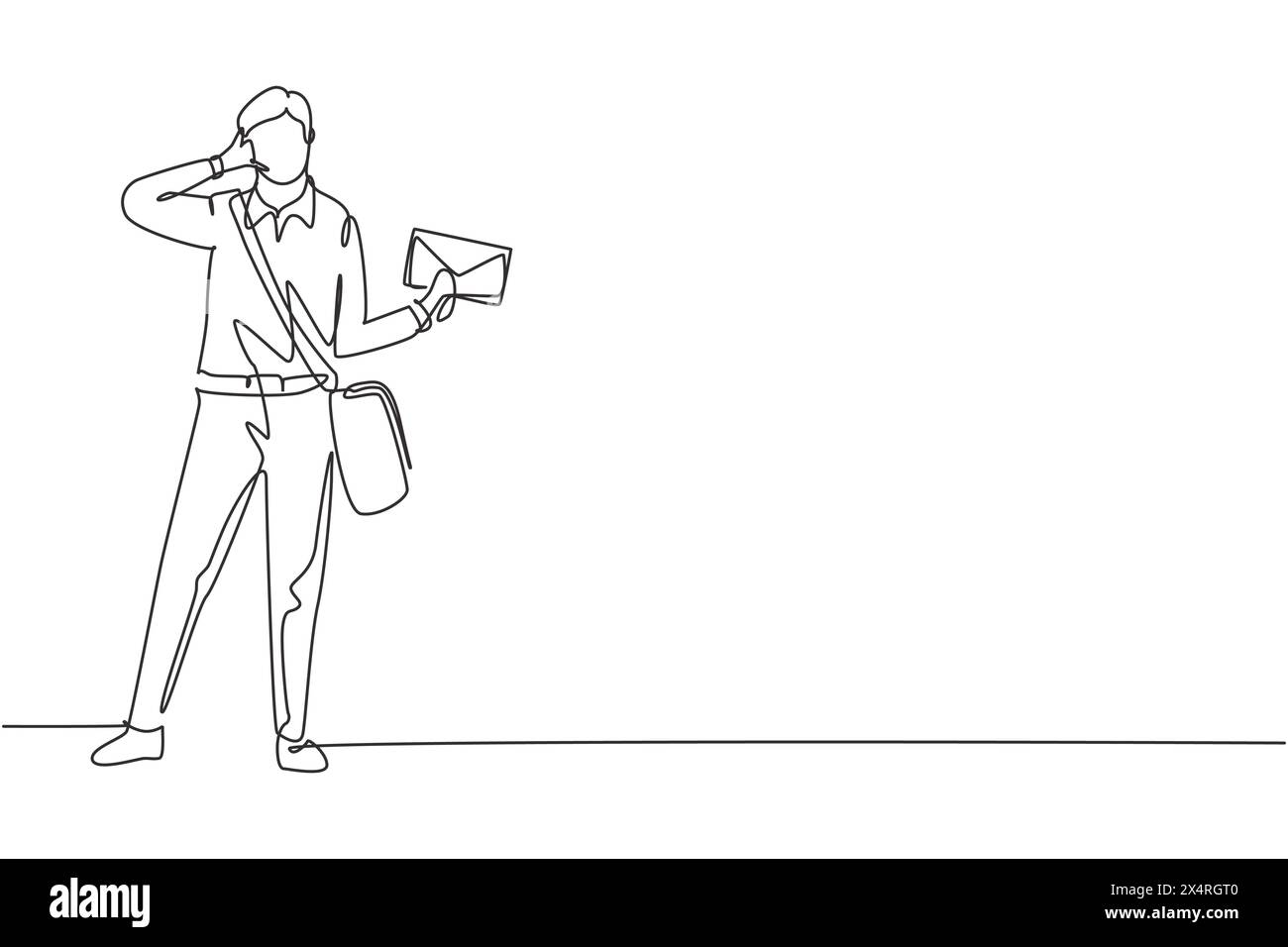 Single one line drawing postman standing in hat, sling bag, uniform ...