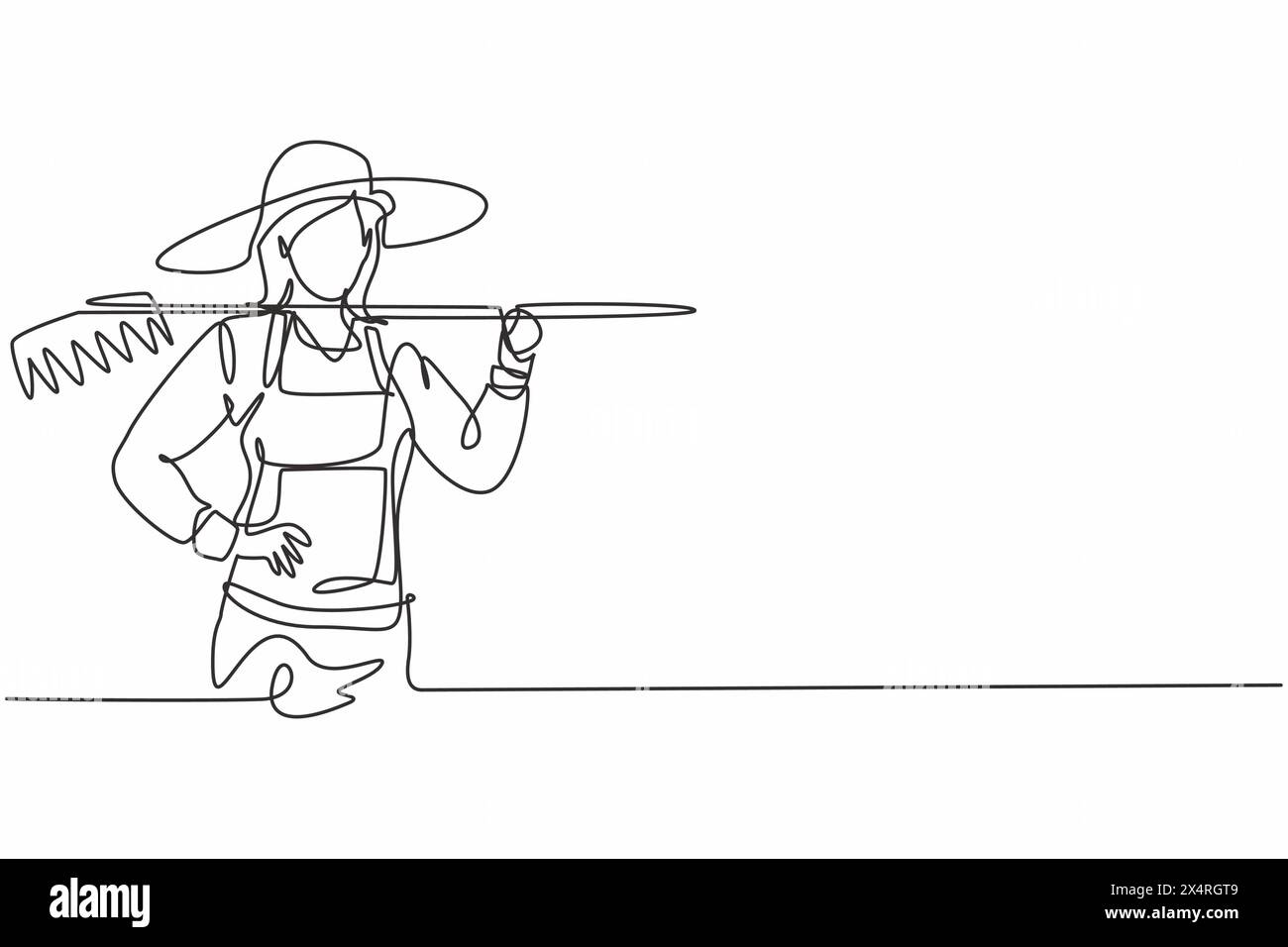 Single one line drawing young female farmer holding fork posing with ...