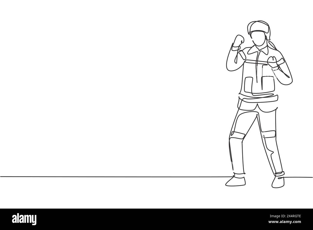 Single one line drawing firefighter stood with celebrate gesture ...
