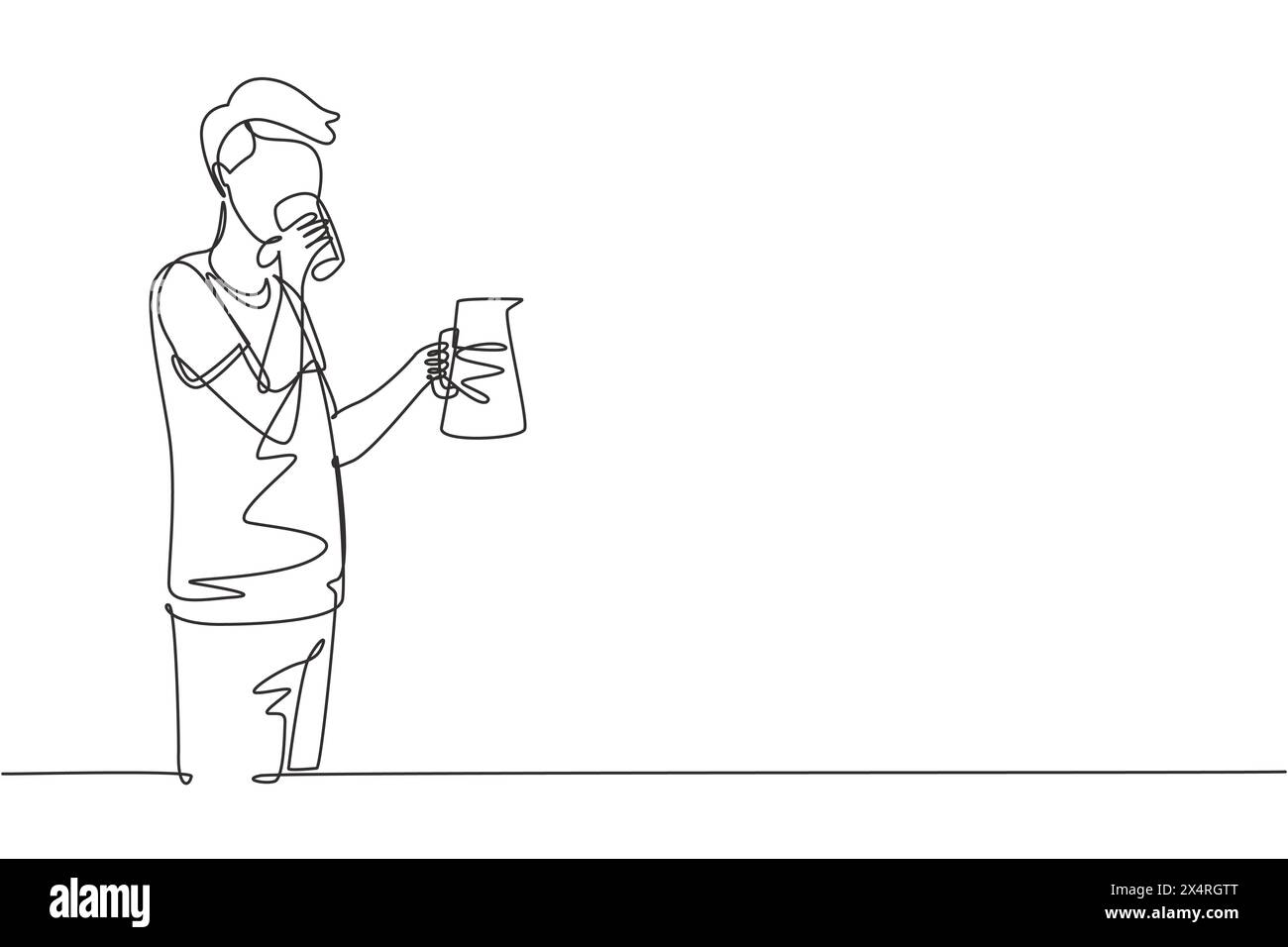 Single continuous line drawing young man drinking holding glass in ...