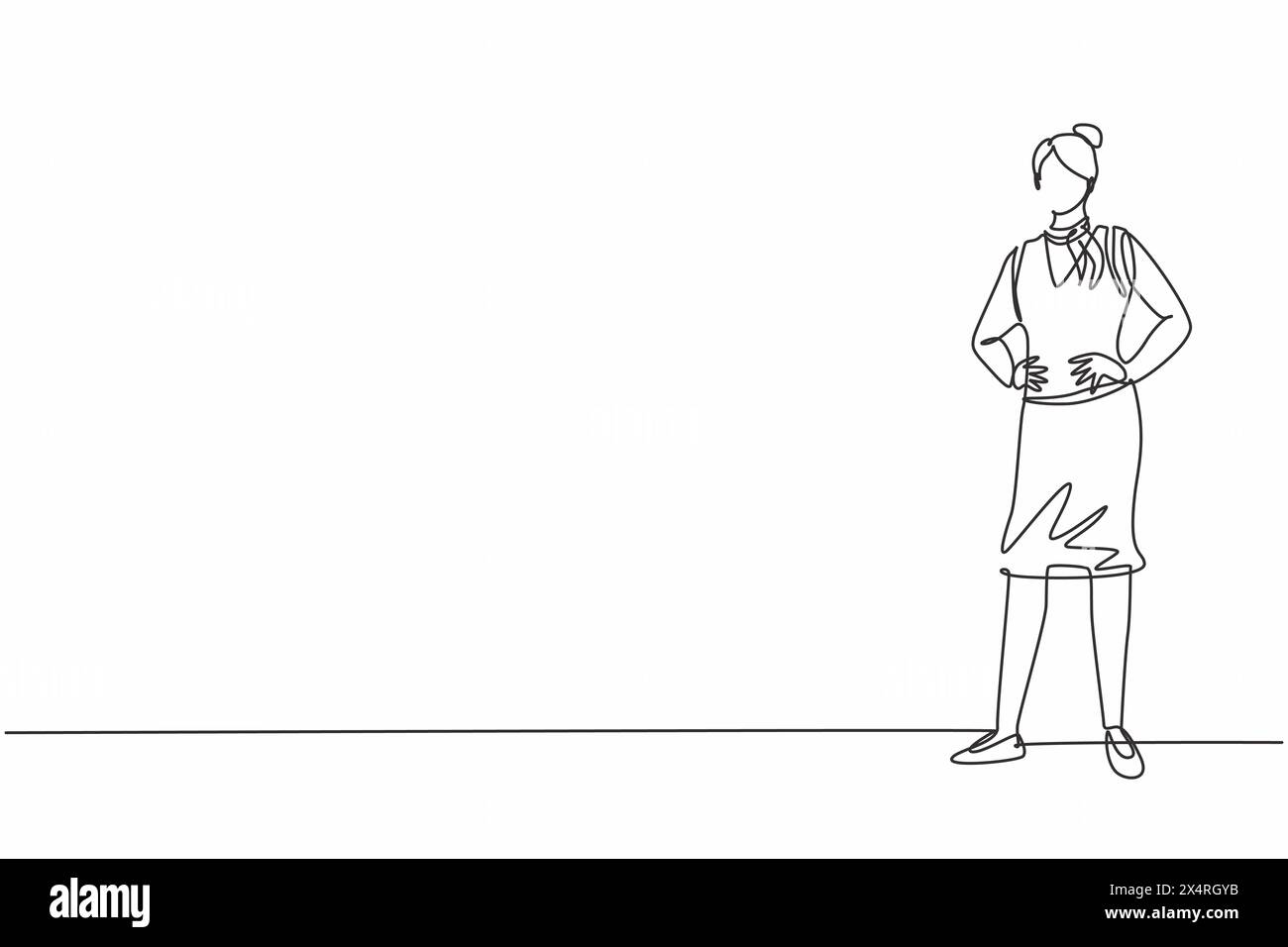 Single one line drawing young female stewardess standing posing with ...